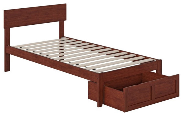 Pemberly Row Modern Solid Wood Twin Bed with Foot Drawer in Walnut ...