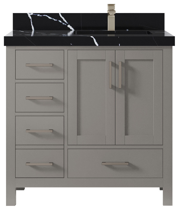 Sonoma 36" Right Offset Reeded Bath Vanity, Black 2" Calacatta Black ...