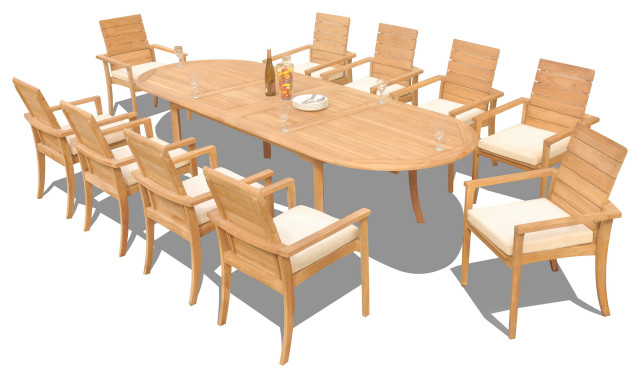 11-Piece Outdoor Teak Dining Set: 117" Oval Table, 10 Alps Stacking Arm ...