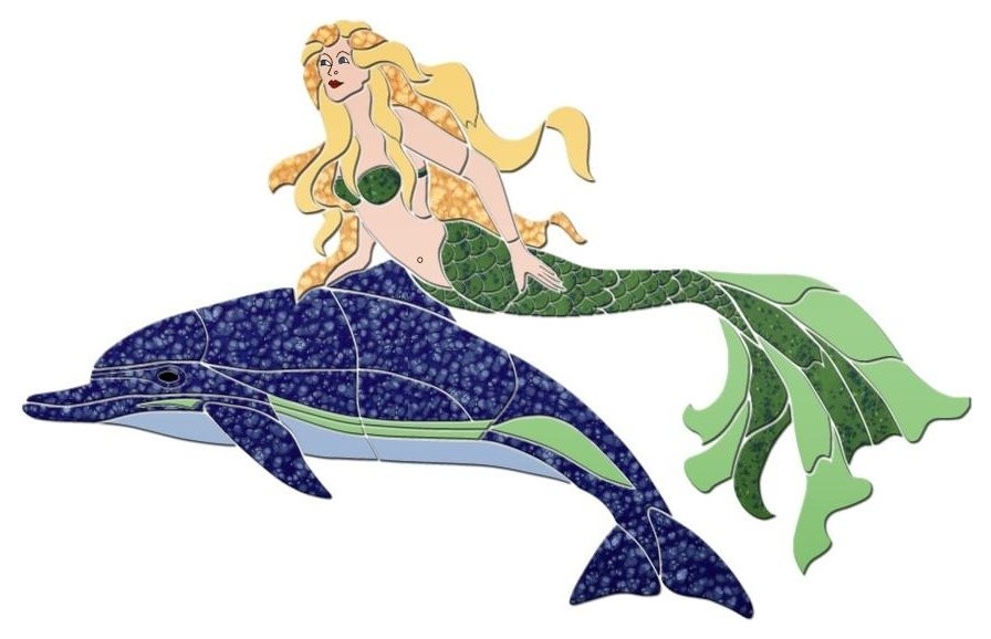 Mermaid & Crystal Dolphin Ceramic Swimming Pool Mosaic, 60"x38" - Beach ...