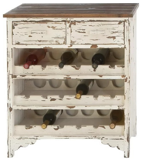 Distressed White Wood Wine Rack with 2 Drawers for 18 Bottles ...