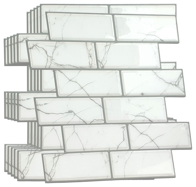 3D White Marble Tile Sticker Peel and Stick Kitchen Backsplash, Set of ...