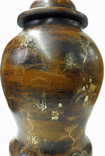 Chinese Distressed Brown Lacquer Golden Scenery Fat Jar - Asian ...