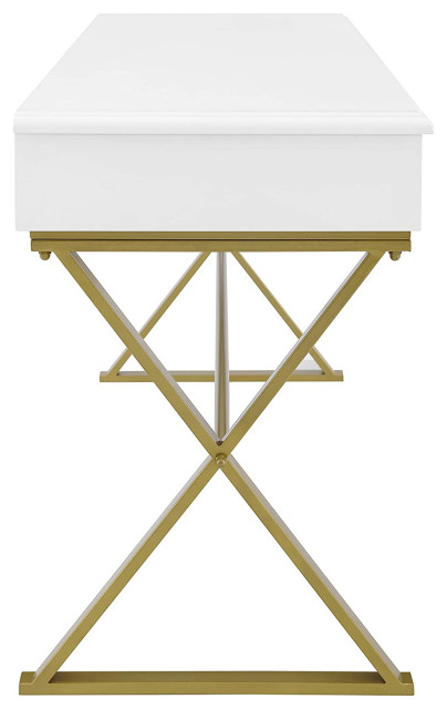 Contemporary Desk with X-Shaped Legs and 2 Storage Drawers, White/Brass ...