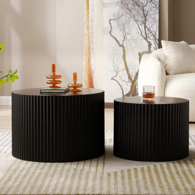 Set of 2 Modern Coffee Table, Round Design With Surrounding Line ...