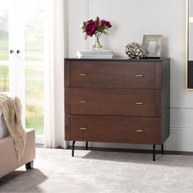 Contemporary Dresser, Mahogany Wood Frame & 3 Drawers With Golden Pulls ...
