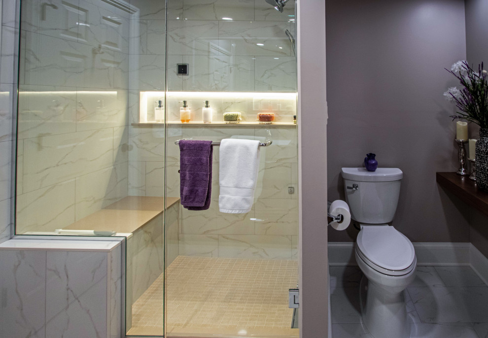 Spa Bath with Tile Steam Shower, Walnut Cabinetry and Solid Surface ...