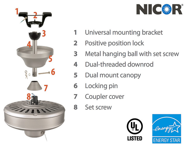 NICOR ES52MASPW 52 in. Pewter Ceiling Fan with Silver Oak Blades ...