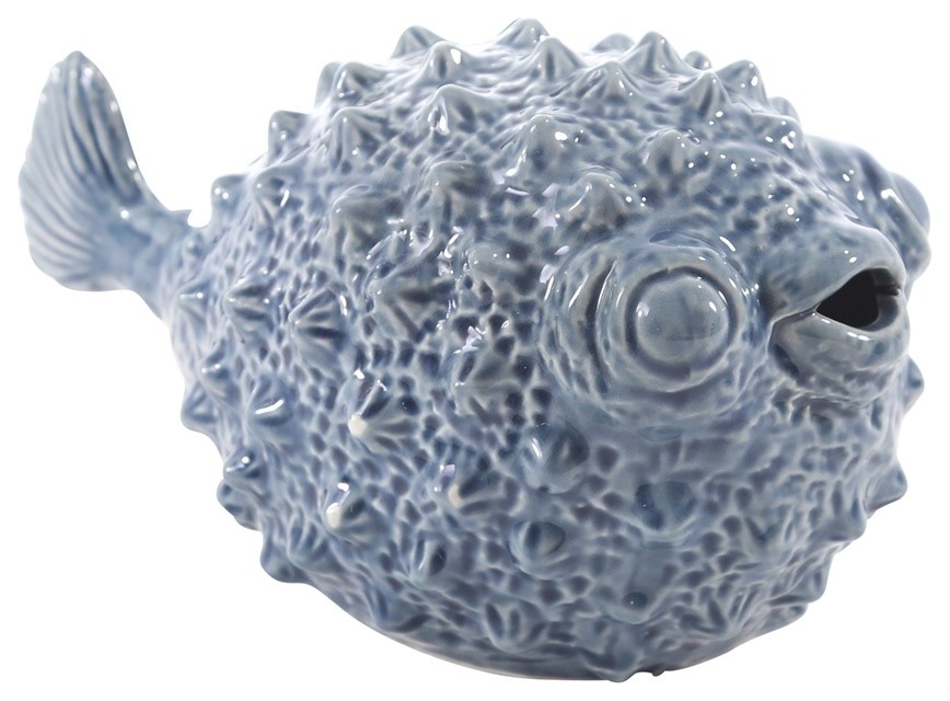Decorative Ceramic Puffer Fish Figurine with Spiked Accents, Blue ...