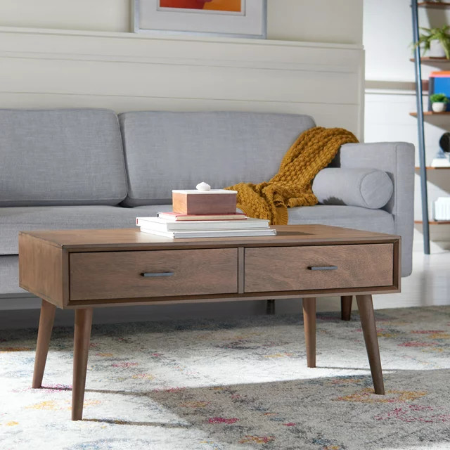 Mid-Century Coffee Table with Angled Legs and 2 Spacious Drawers ...