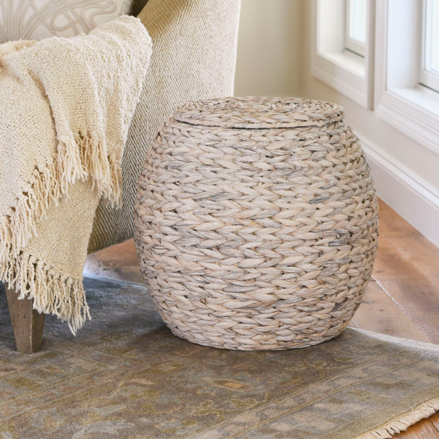 Handwoven Water Hyacinth Barrel Wicker Storage Basket Side Table ...