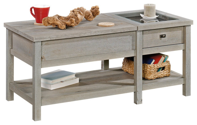 Rectangular Coffee Table, Drawer With Glass Top and Lower Open Shelf ...