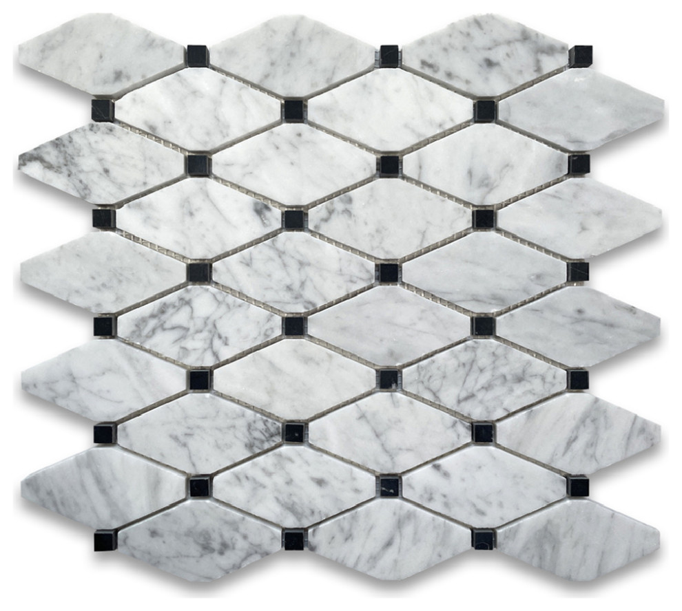 Carrara White Marble Long Octave Rhomboid Mosaic Tile Black Dots Honed ...