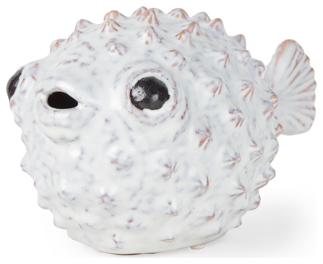 Spike II (Large) 10L x 6W Off-White Ceramic Puffer Fish - Beach Style ...