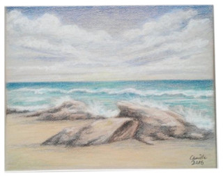 Drawing Ocean Sea Rocks Beach Waves Seascape, 11"x14" - Beach Style ...