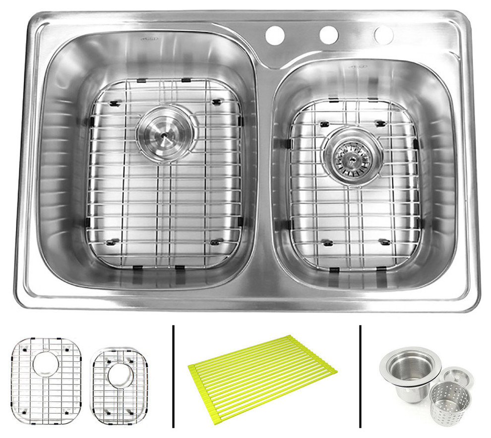 33" Topmount Drop-In Stainless Steel 60/40 Kitchen Sink Combo ...