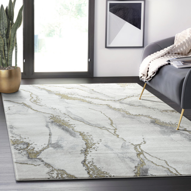 Abani Luna LUN170A Contemporary Marble Grey and Metallic Gold Area Rug ...