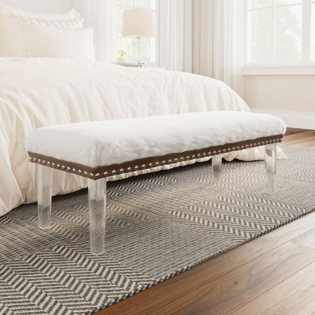 Brianna Modern Luxury Faux Fur Upholstered Bench with Clear Legs, Snow ...