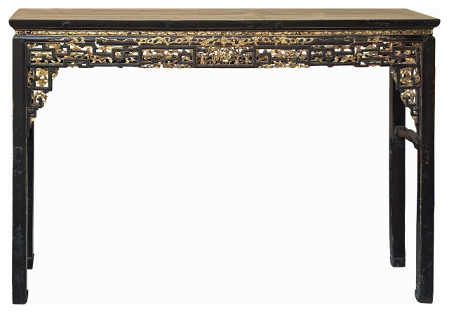 Chinese Vintage Black Golden Carving Motif Tall Altar Console Table ...