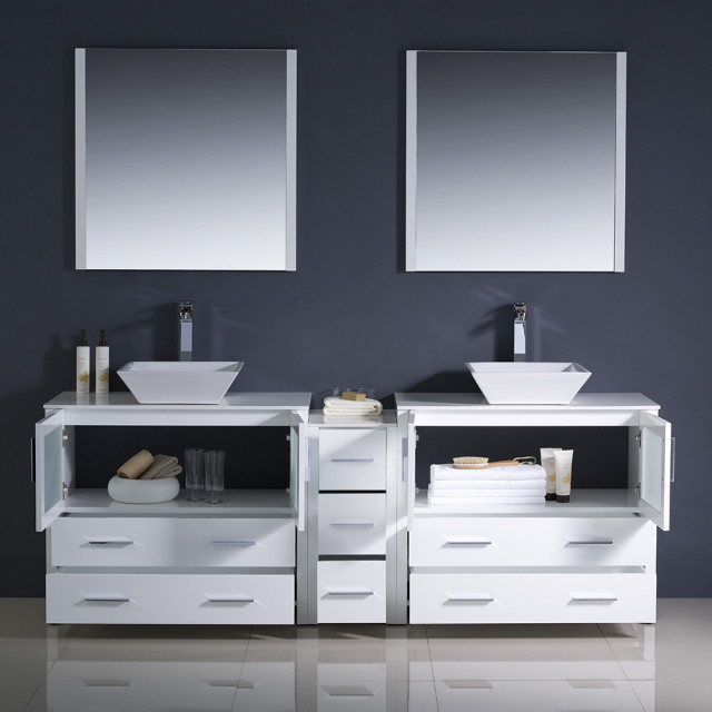 Double Sink Bathroom Vanity w/ Side Cabinet & Integrated Sinks - Modern ...