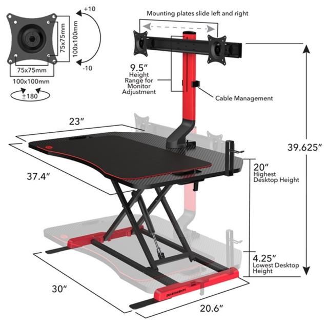 Pemberly Row Contemporary Double Monitor Gaming Desk Riser - Red/Black ...