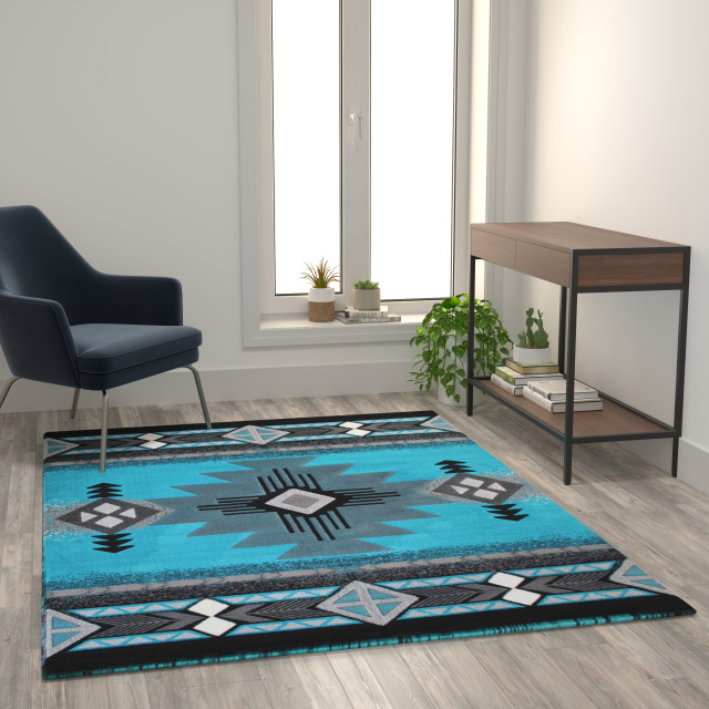 Angie Collection Rectangle 5' x 7' Turquoise Southwestern Style Area ...