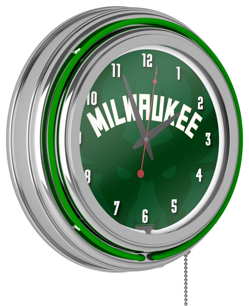 NBA Chrome Double Rung Neon Clock, Fade, Milwaukee Bucks - Contemporary ...