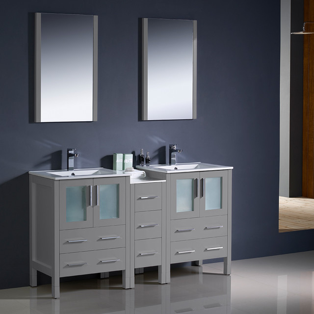 Torino Double Sink Vanity, Side Cabinet and Integrated Sinks, Gray, 60 ...