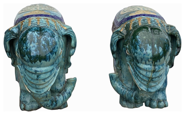 Pair Vintage Ceramic Handmade Chinese Turquoise Blue Elephant Figures ...