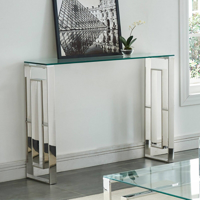 Elegant Console Table, Lattice Accented Stainless Steel Legs & Glass ...