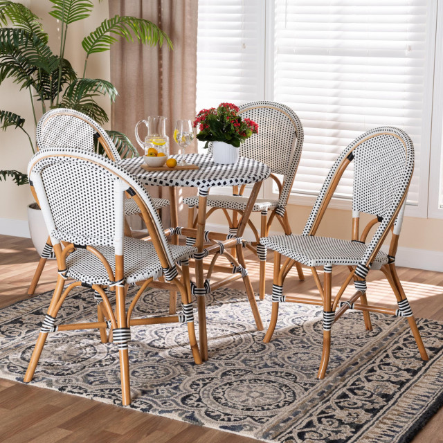 Axelle French Black and White Weaving & Rattan 5-Piece Dining Set ...