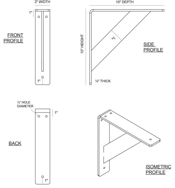 2"x20"x20" Traditional Steel Bracket, Hammered Black, 2"Wx10"Dx10"H ...