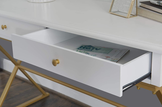 Contemporary Desk with X-Shaped Legs and 2 Storage Drawers, White/Brass ...