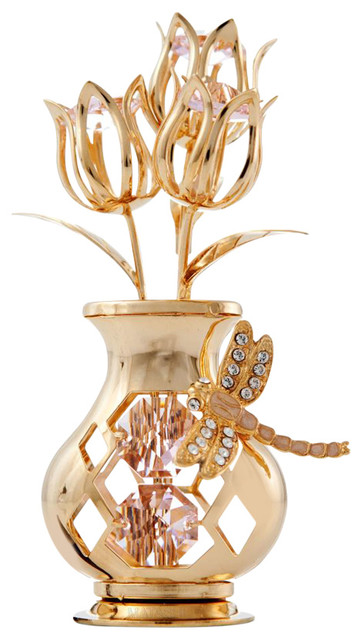 24K Gold Plated Crystal Flower Ornament in a Vase w/ Dragonfly (Pink ...