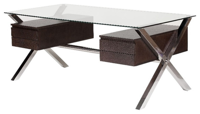 Pangea Home Beverly Large Modern Tempered Glass & Wood Veneer Desk in ...