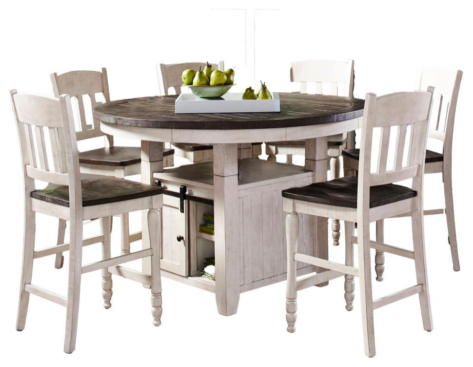 Seven Piece Reclaimed Solid Wood Counter Height Round Dining Set ...