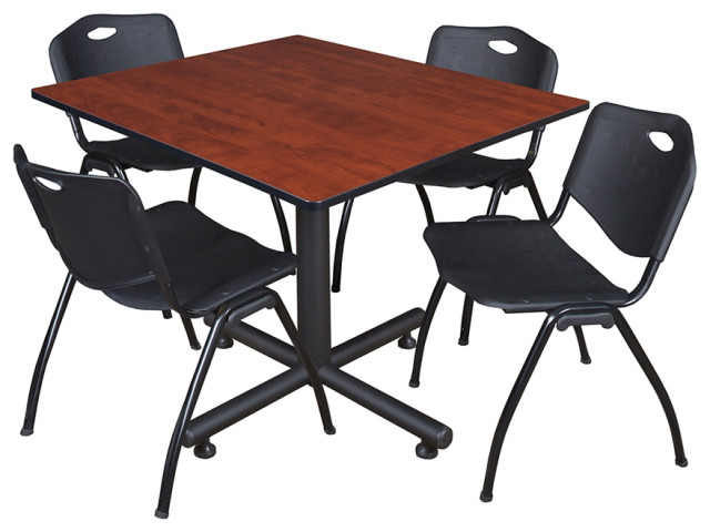 Kobe 48 Square Breakroom Table- Cherry & 4 'M' Stack Chairs- Black ...