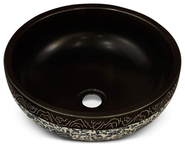 16in Blue and White Flower Motif Oriental Porcelain Basin - Asian ...