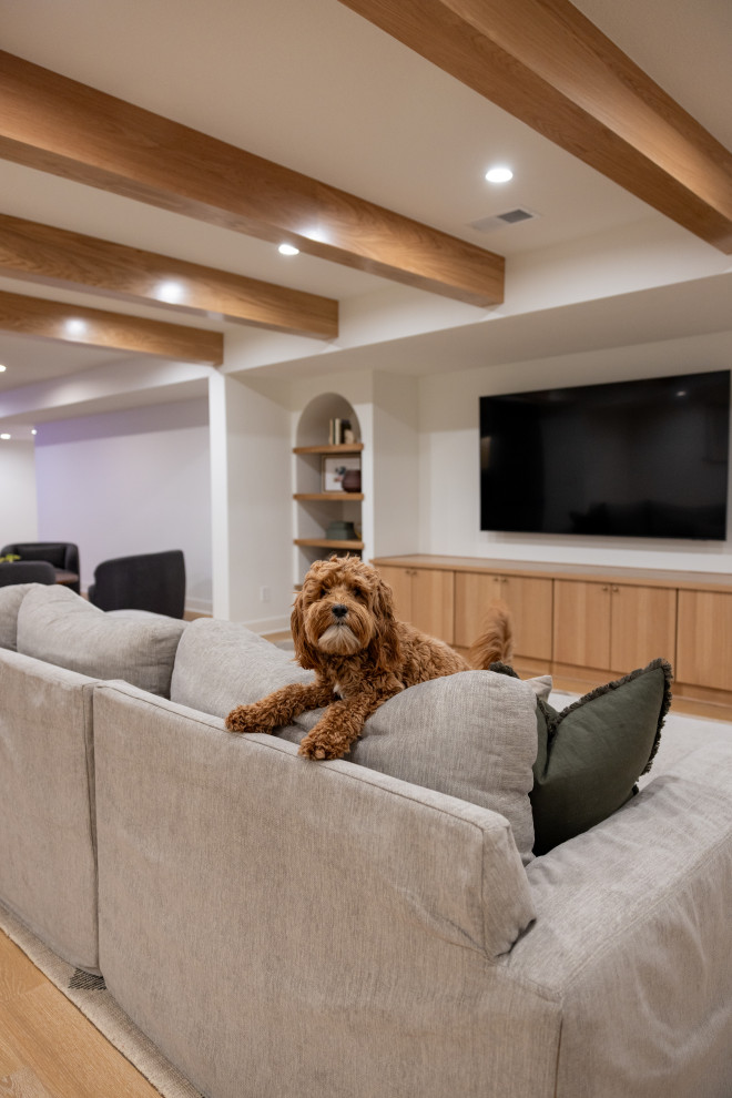 Modern Cozy Basement Remodel with Kings Buff Oak Flooring - Modern ...