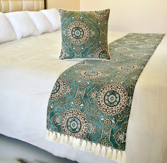 Decorative Blue Velvet Twin Bed Runner, Tassels and Velvet Ahmet, King ...