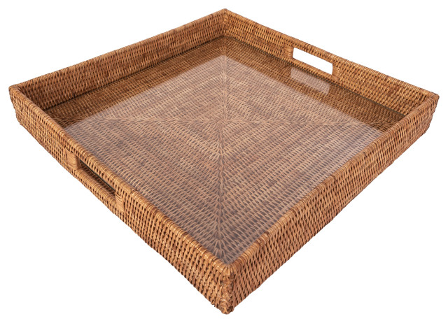 Square Serving Ottoman Trays with Glass Insert, 20"x 20"x 3" - Tropical ...