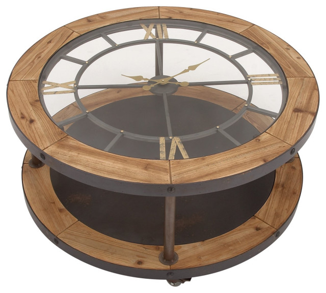 Industrial Coffee Table, Unique Design With Clock Glass Top & Wooden ...