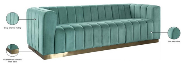 Pemberly Row Contemporary Velvet/Stainless Steel Sofa in Mint/Brushed ...