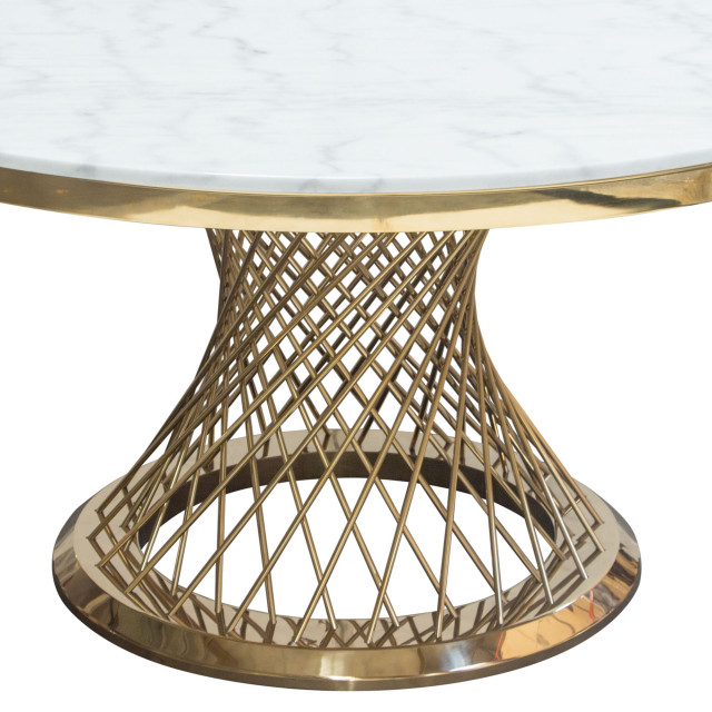 60" Round White Genuine Marble Top Dining Table and Gold Spiral Spoked ...