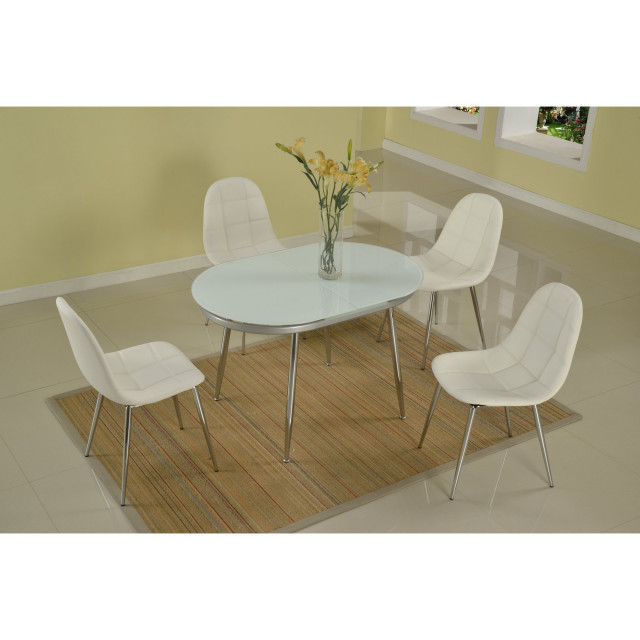 Contemporary Dining Table, Sturdy Metal Base & Extendable Oval White ...