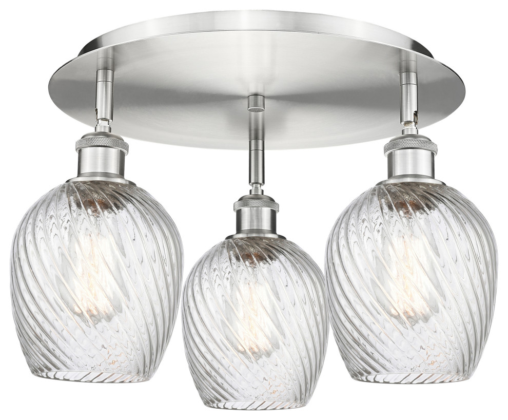 Salina-3 Light 17" Flush Mount-Satin Nickel, Clear Spiral Fluted Glass ...