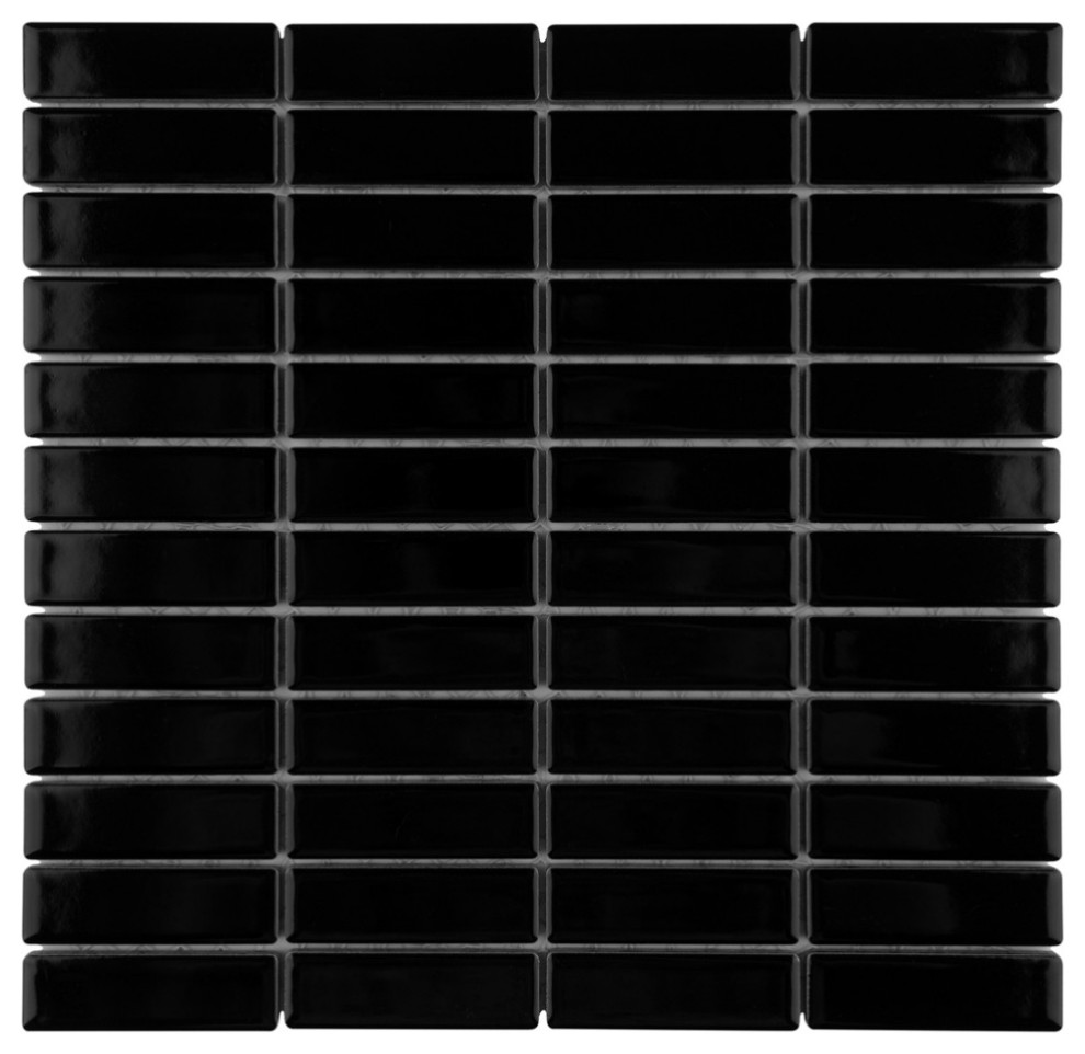 Metro Brick Stacked Glossy Black Porcelain Floor and Wall Tile ...