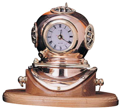 Polished Brass Quartz Dive Helmet Clock With Lacquer Coating and Oak ...
