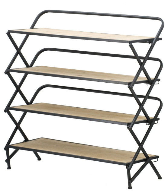 Benzara BM285043 35" 4 Tier Iron Frame Storage Shelves, Foldable, Brown ...