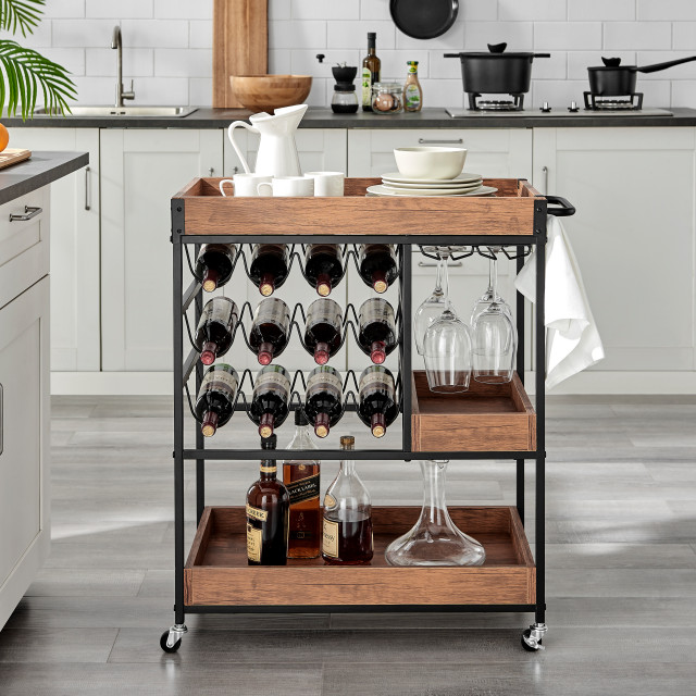 Rustic Walnut Veneer Rolling Farmhouse Wine Bar Cart With Bottle and ...